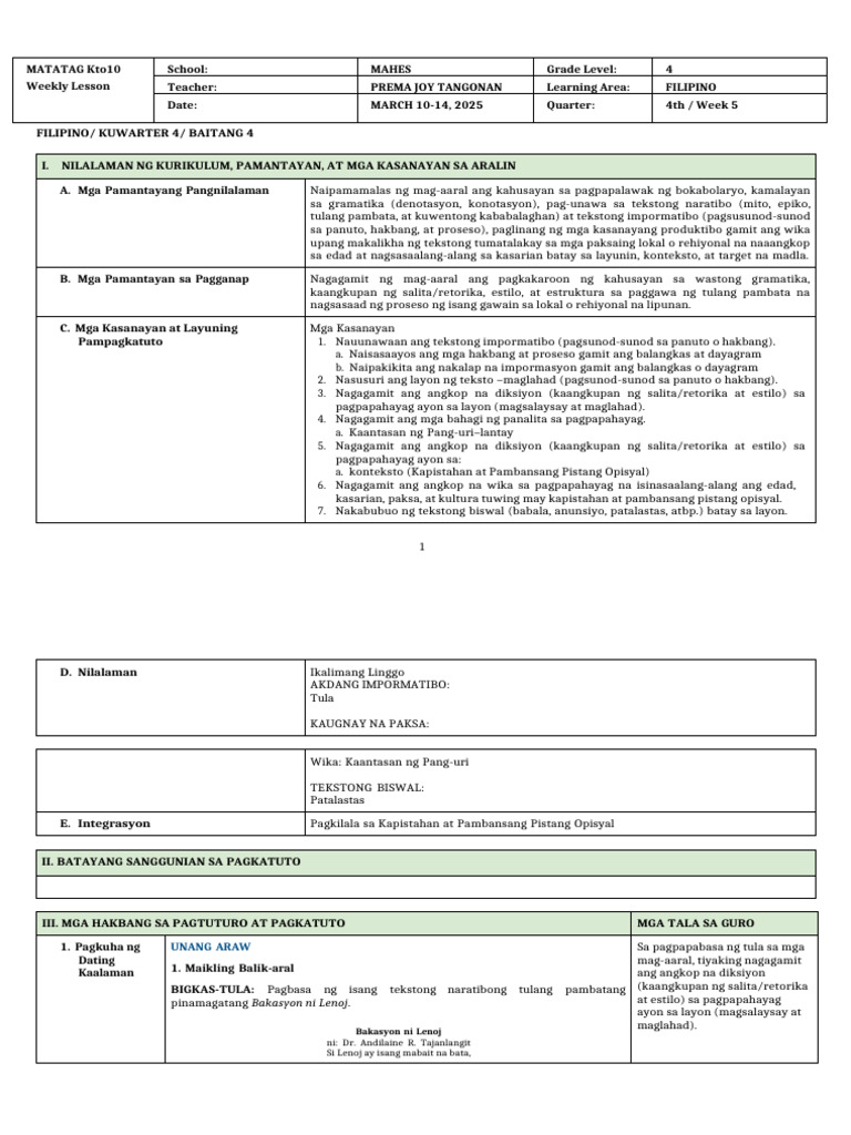 Fil 4 - DLL - Q4 - Week 5 | PDF