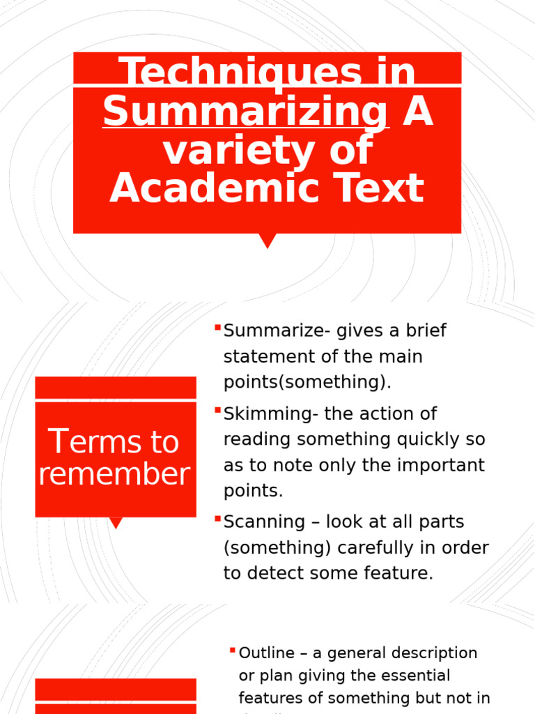 Techniques in Summarizing A Variety of Academic Text | PDF | Reading Comprehension | Cognition