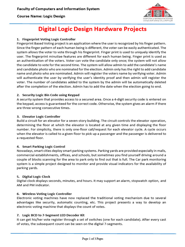 Project Ideas - Logic Design | PDF | Fingerprint | Logic Gate