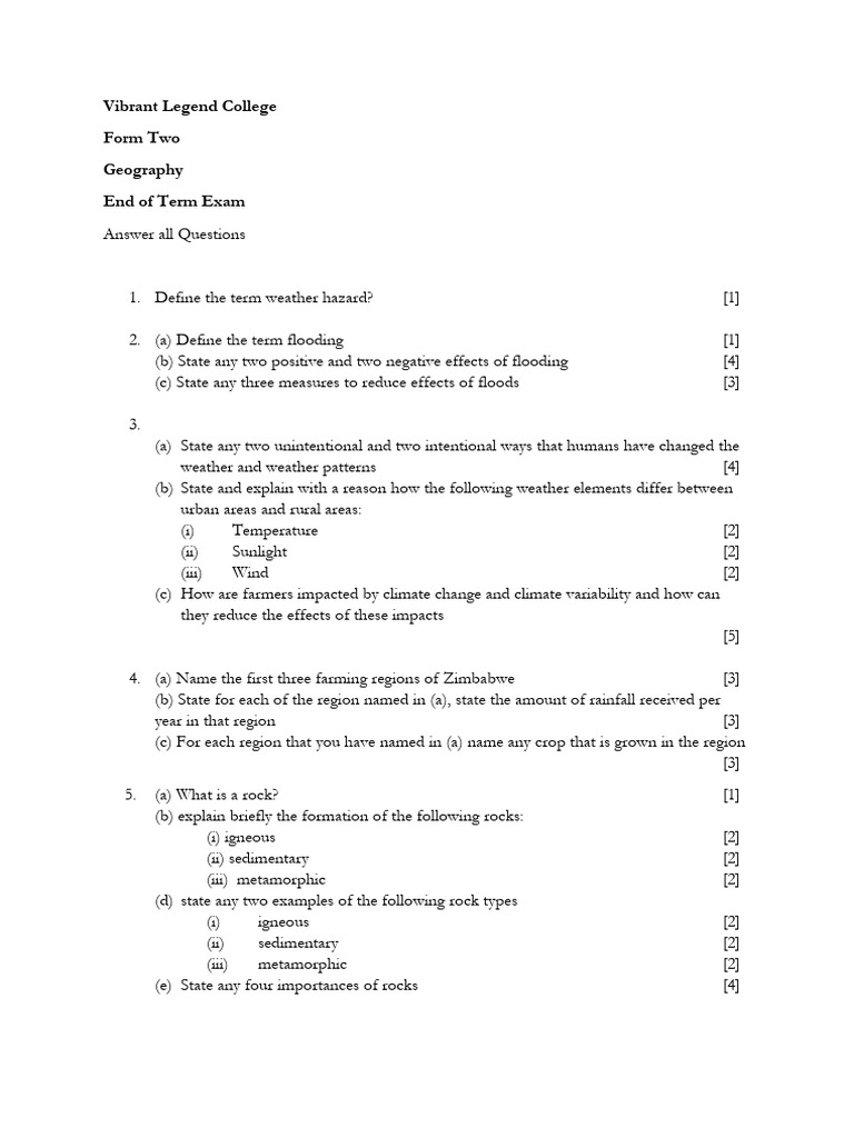 Geo Form 2 End of Term Exam | PDF | Rock (Geology) | Flood