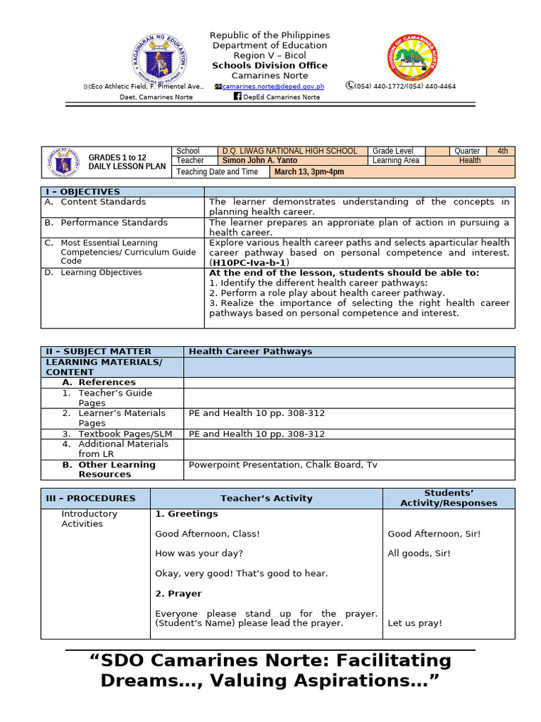 Health Career Pathways Lesson Plan | PDF | Dentistry | Health Care