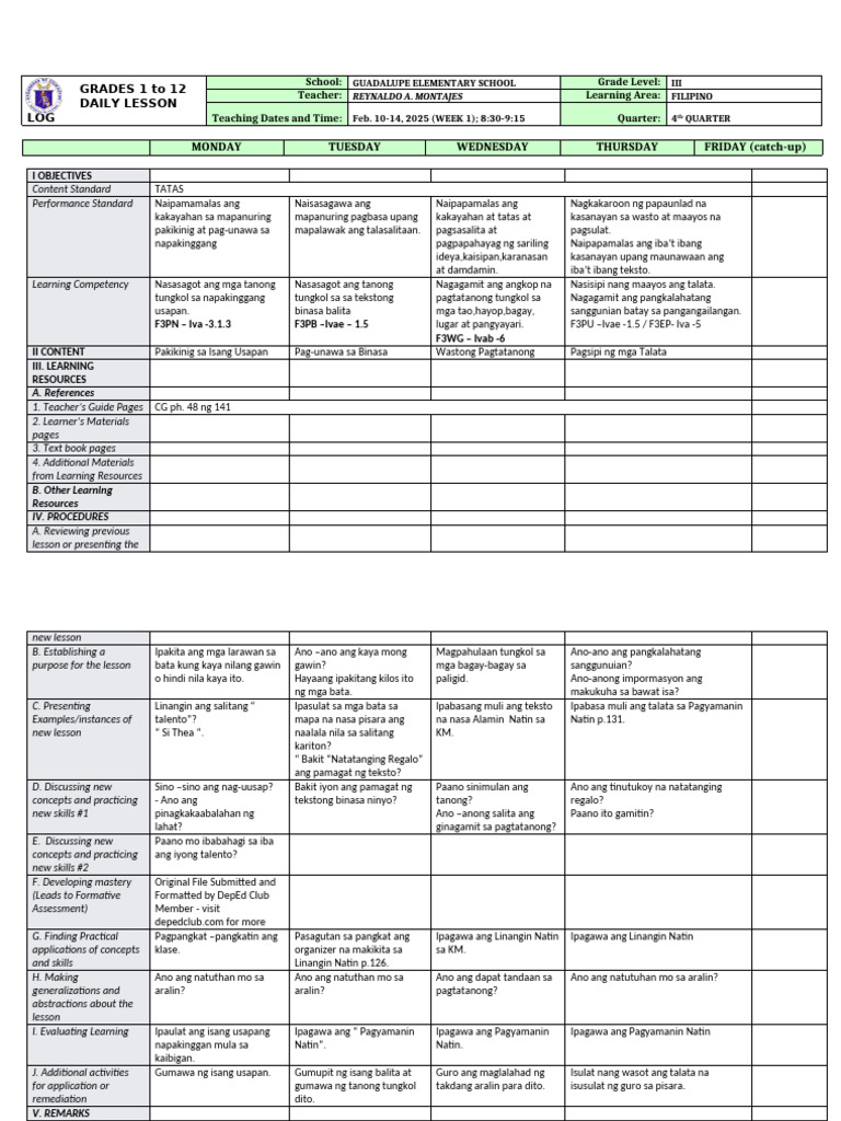 DLL_FILIPINO 3_Q4_W1 ok | PDF | Behavior Modification | Human Communication