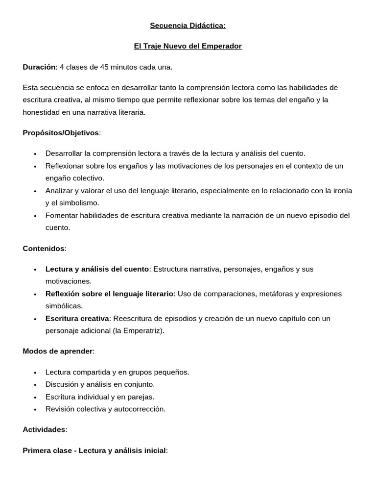 Secuencia Didáctica El Traje Nuevo Del Emperador | PDF | Verdad | Cuentos