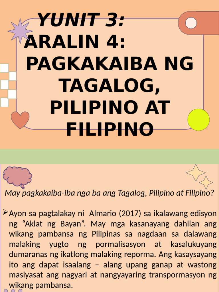 Yunit Pagkakaiba NG Tagalog Pilipino at Filipino | PDF