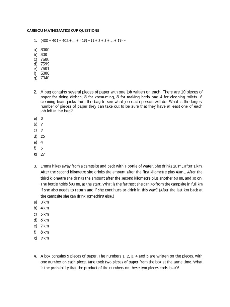 Caribou Mathematics Cup Questions | PDF | Triangle | Elementary Geometry