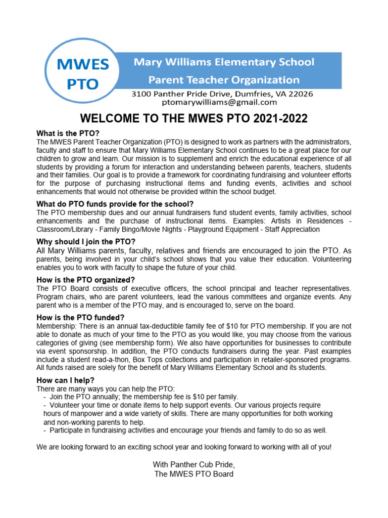 MWES PTO Membership Letter | PDF | Fundraising | Teachers