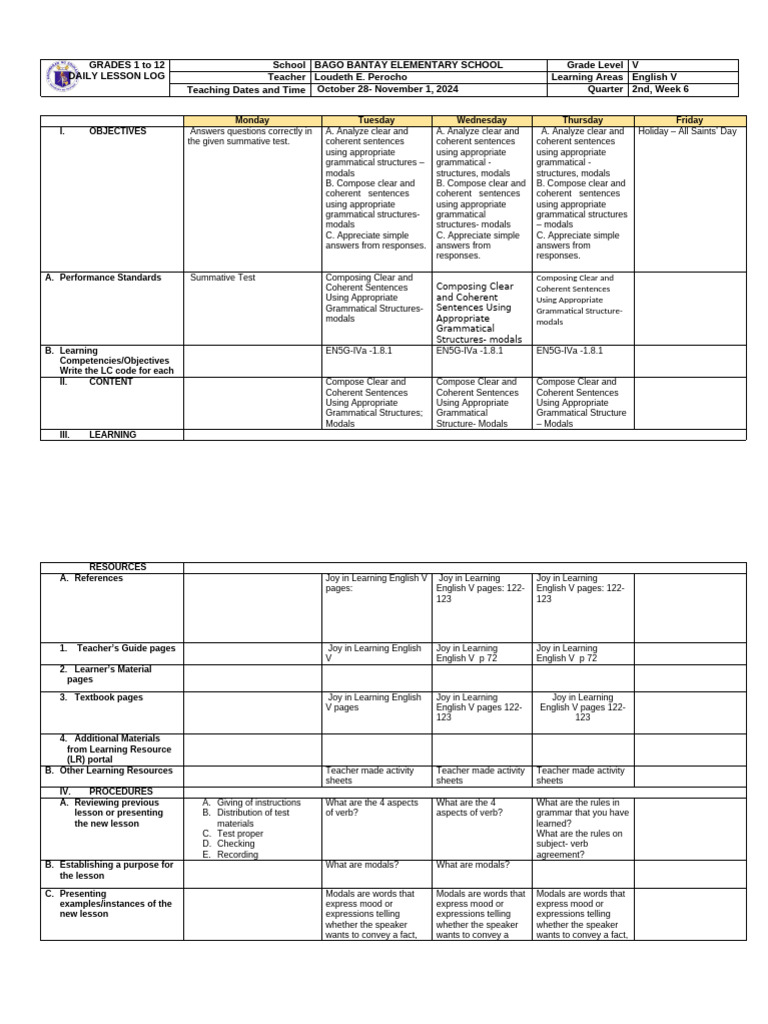 DLL English LP Wk6 QTR 2 | PDF | Learning | Verb