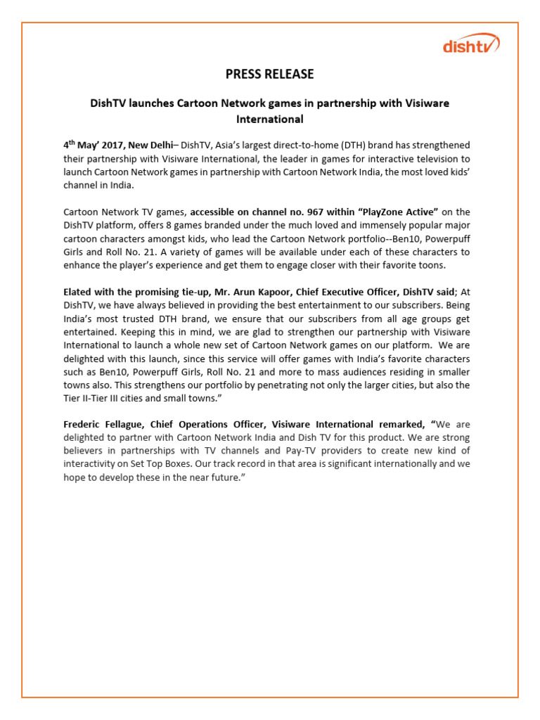 Cartoon Network Dish Visiware TV Games Launch | PDF | Satellite ...