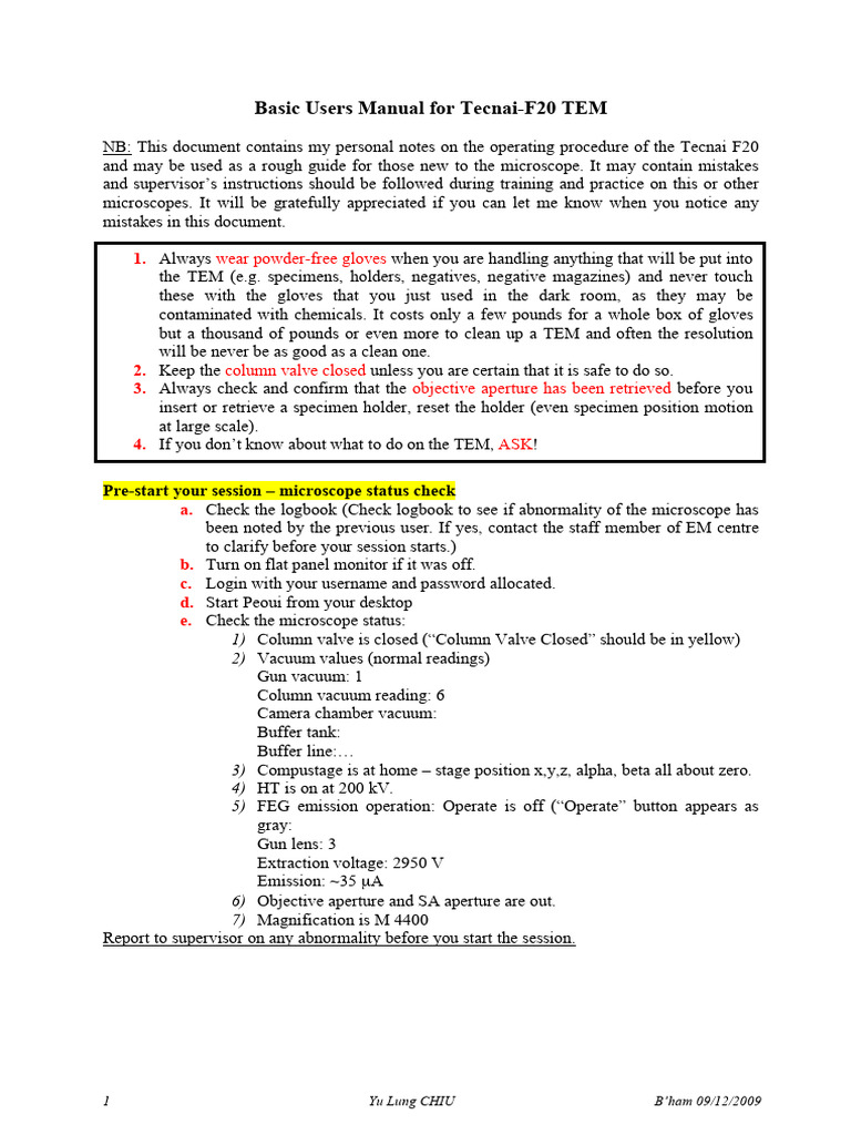 Basic Users Manual For Tecnai-F20 TEM | PDF | Transmission Electron ...