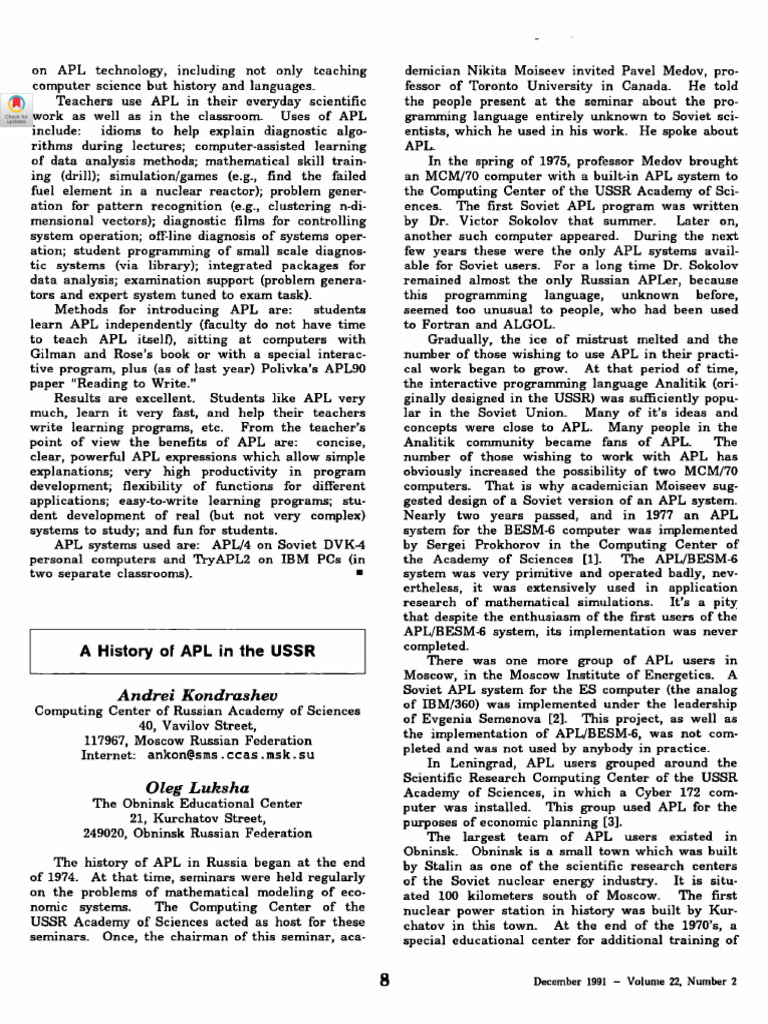 A History of APL in The USSR: Andrei Kondrashev | PDF | Apl (Programming Language) | Soviet Union