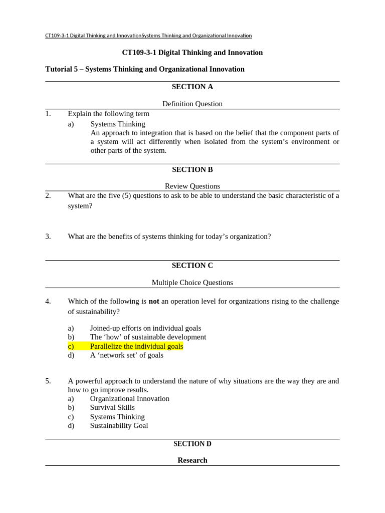 Tutorial 5 Systems Thinking and Organizational Innovation - Question | PDF