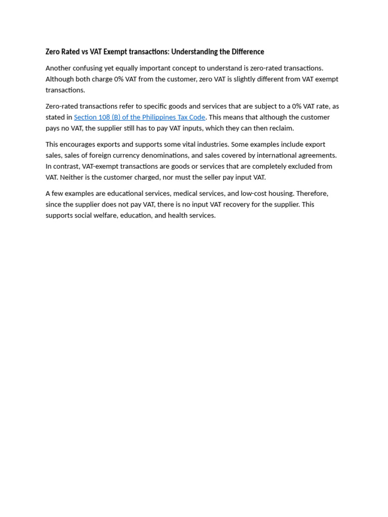 Zero Rated Vs VAT Exempt Transactions | PDF