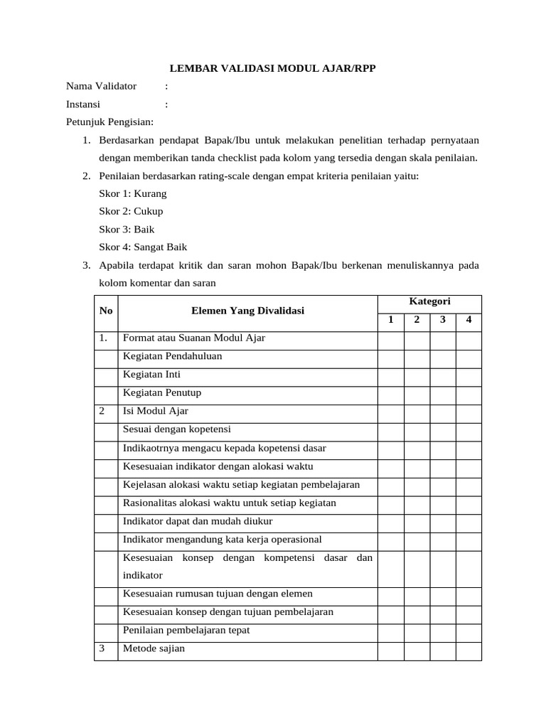 LEMBAR VALIDASI MODUL AJAR atau RPP | PDF