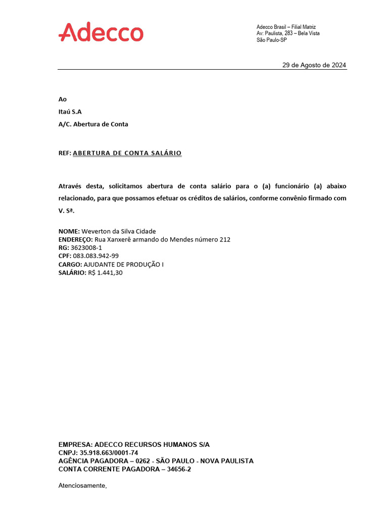 Solicitação de Abertura de Conta Salário | PDF