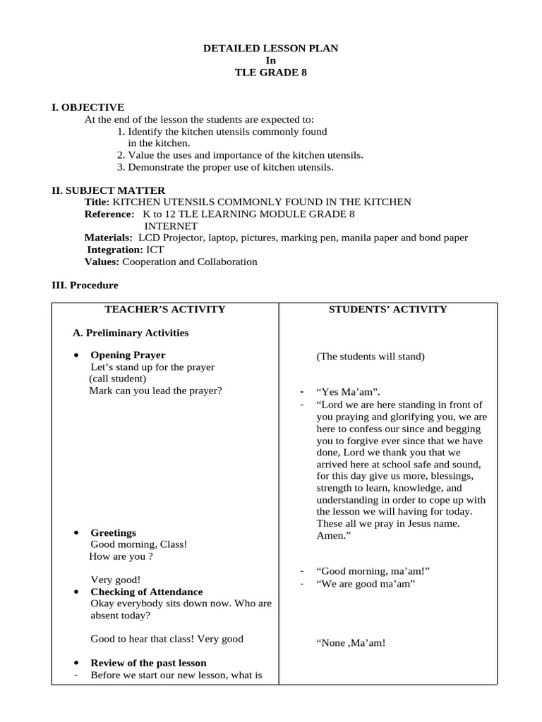 421170012-Detailed-Lesson-Plan-in-Tle-Grade-8 | PDF | Spoon | Kitchen ...