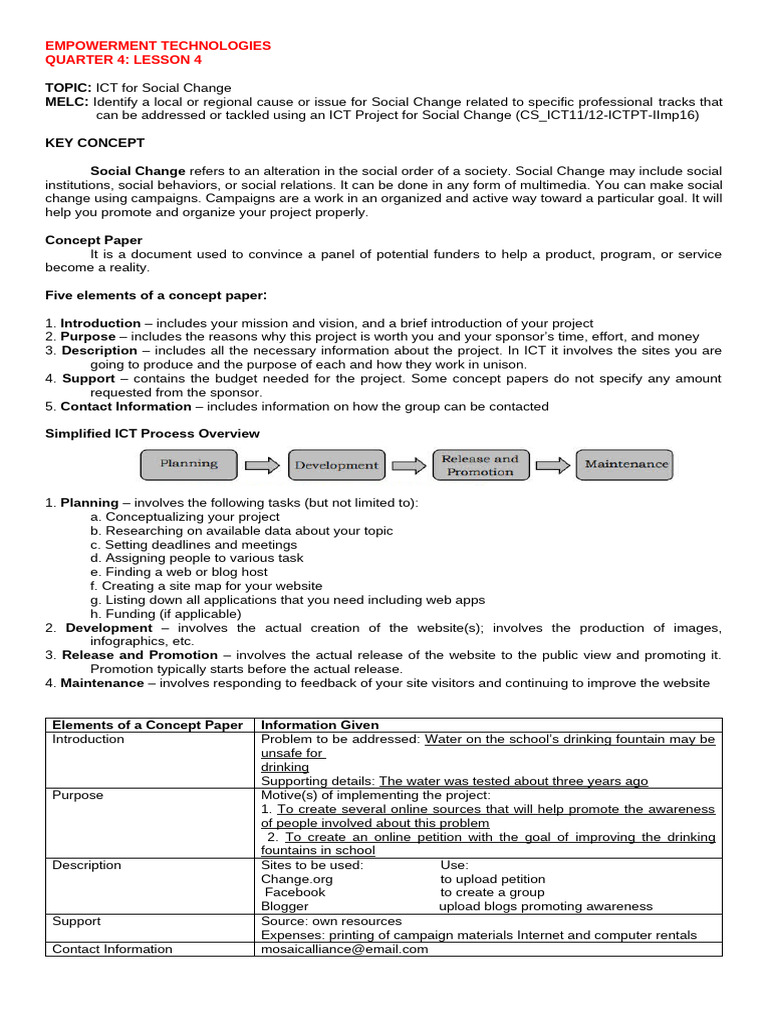 2025-Q4-Emtech-Lesson-4-Concept-Paper-ICT For Social Change | PDF | Goal | Educational Technology