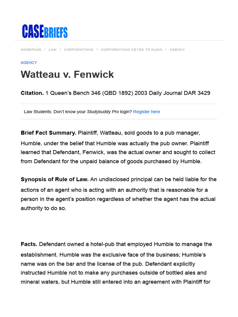 Watteau v. Fenwick - Case Brief For Law Students - Casebriefs | PDF | Criminal Law | Tort