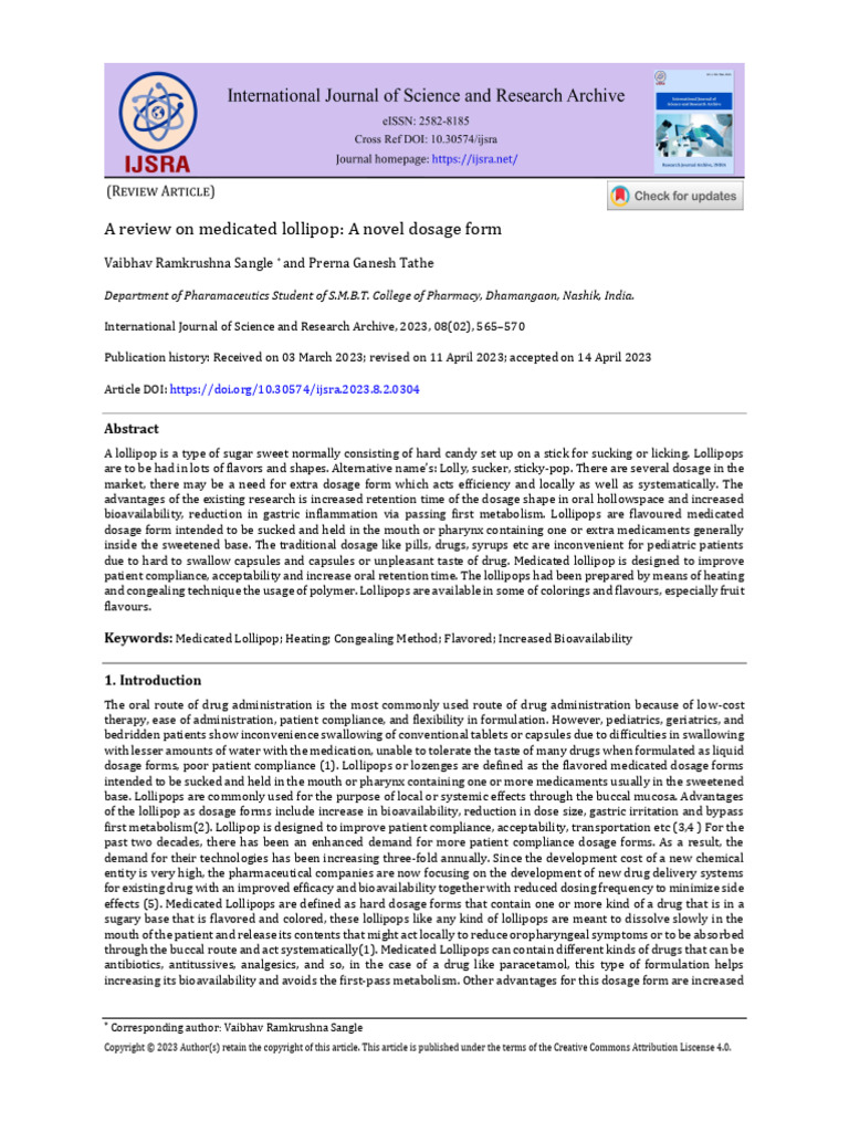 A Review On Medicated Lollipop - A Novel Dosage Form | PDF | Sucrose ...