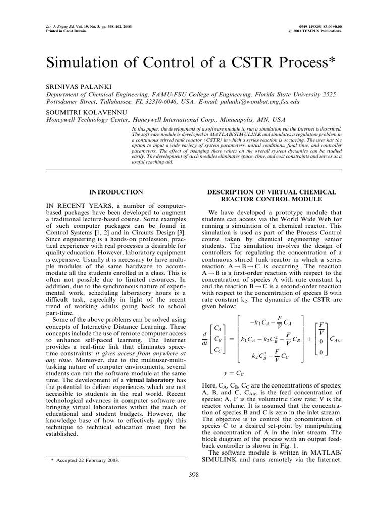 Simulation of Control of A CSTR Process | PDF | Control Theory | Simulation