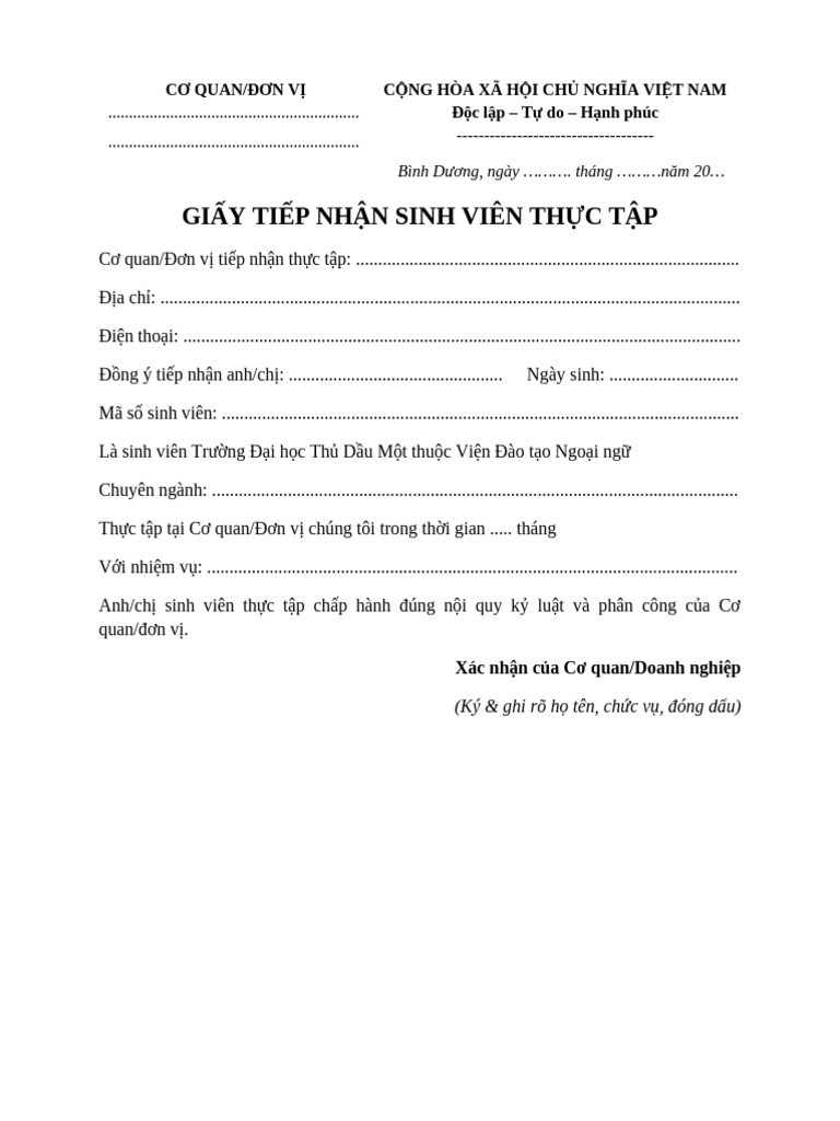 GIẤY TIẾP NHẬN SV THỰC TẬP | PDF