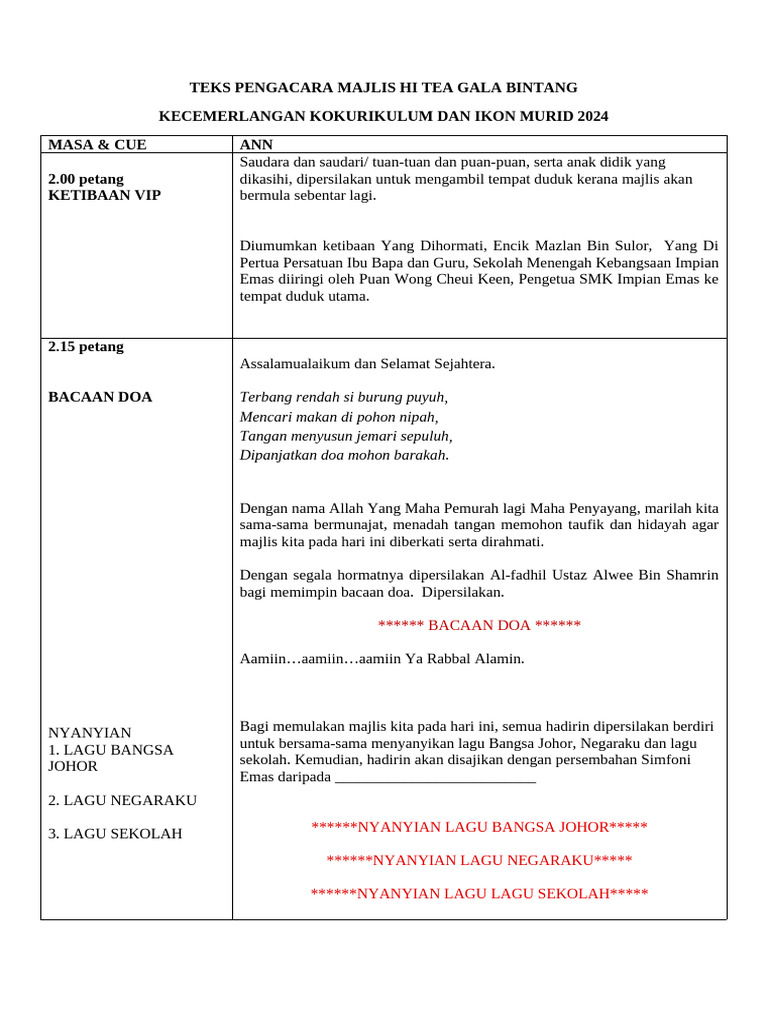 TEKS PENGACARA MAJLIS HI TEA GALA BINTANG | PDF