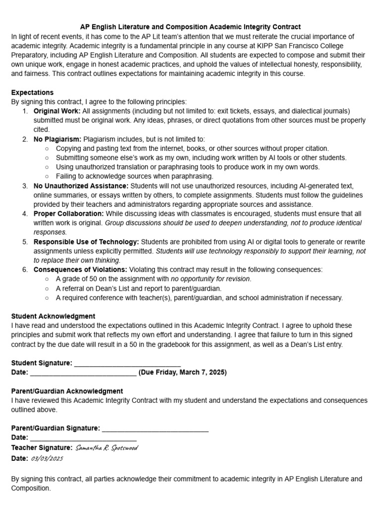 Academic Integrity Contract - 3 | PDF | Plagiarism | Academic Integrity