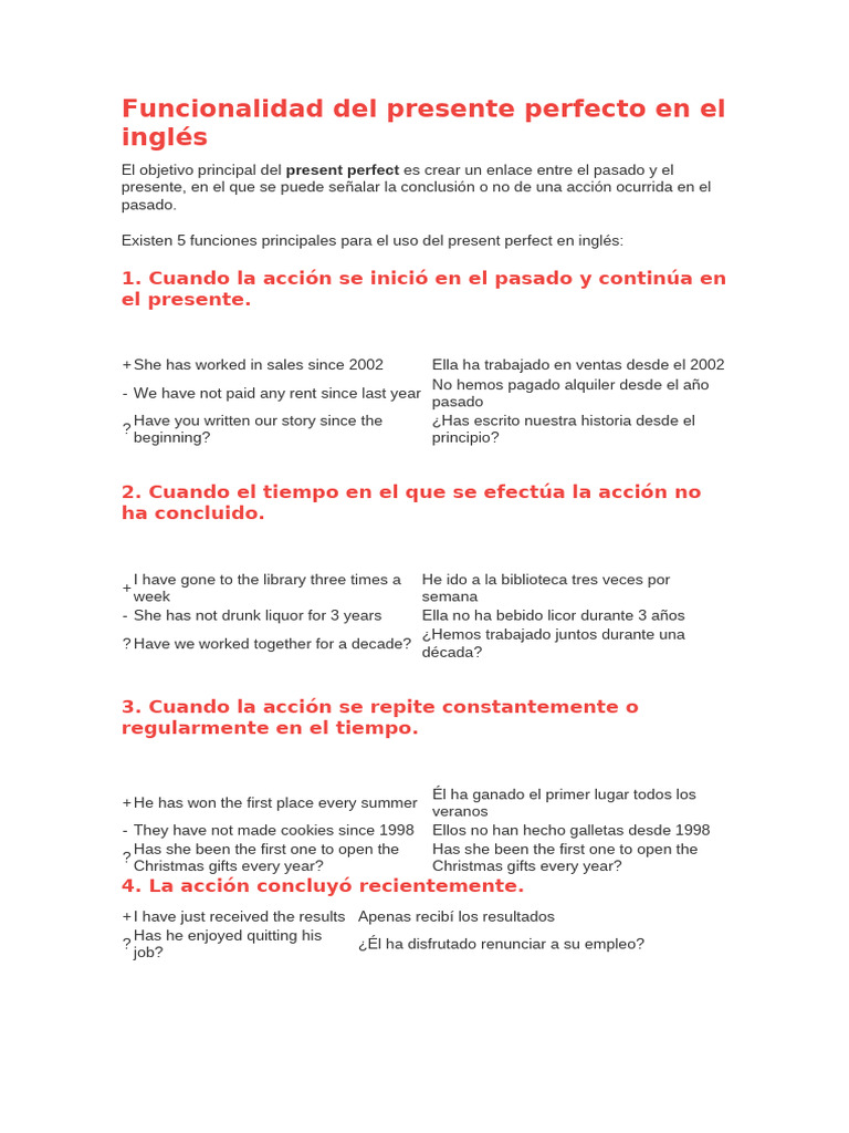 Funcionalidad Del Presente Perfecto en El Inglés | PDF
