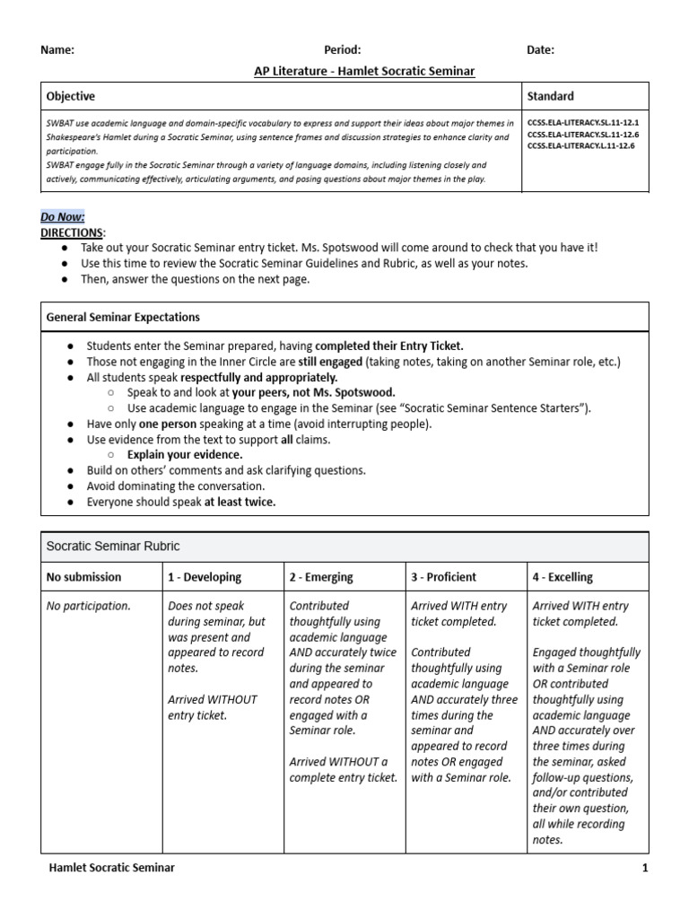 Blank Copy of AP Lit - Hamlet Socratic Seminar - Student Facing | PDF ...