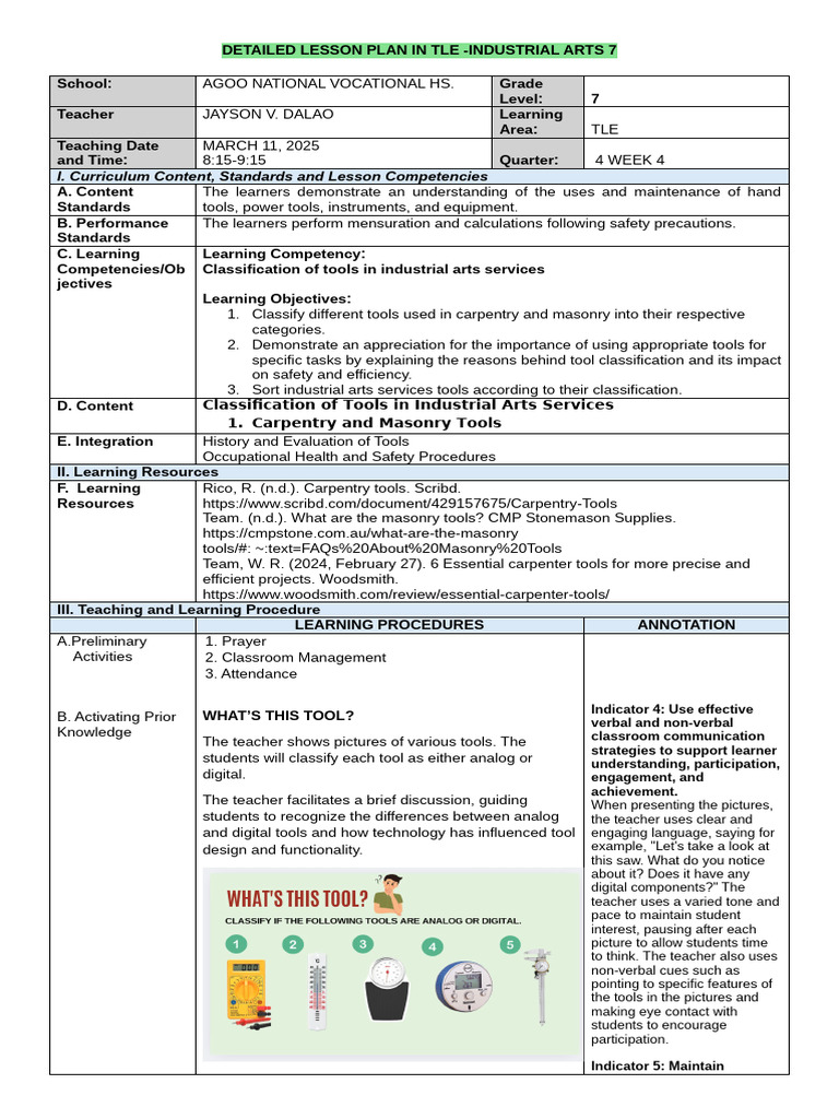 TLE 7 WEEK 4 Classification of Carpentry & Masonry Tools DLP | PDF ...