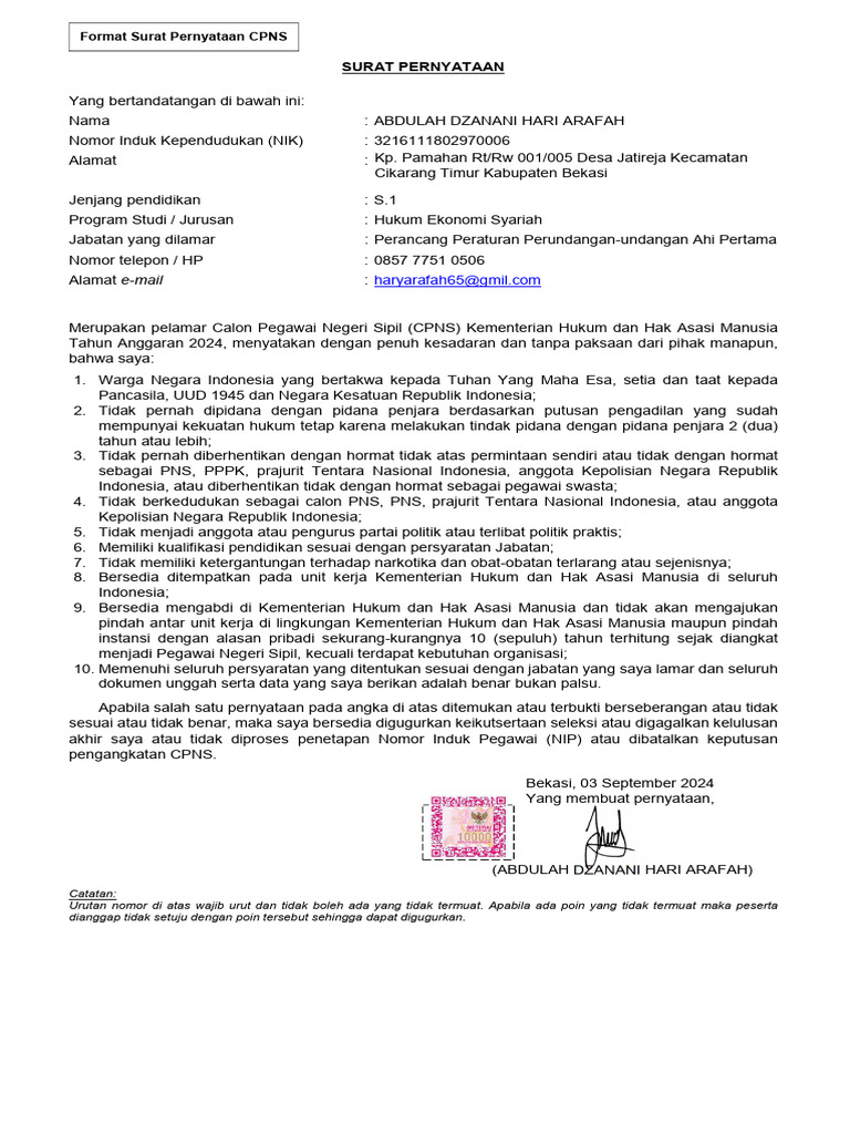 Surat Penyataan Abdulah Dzanani Hari Arafah | PDF