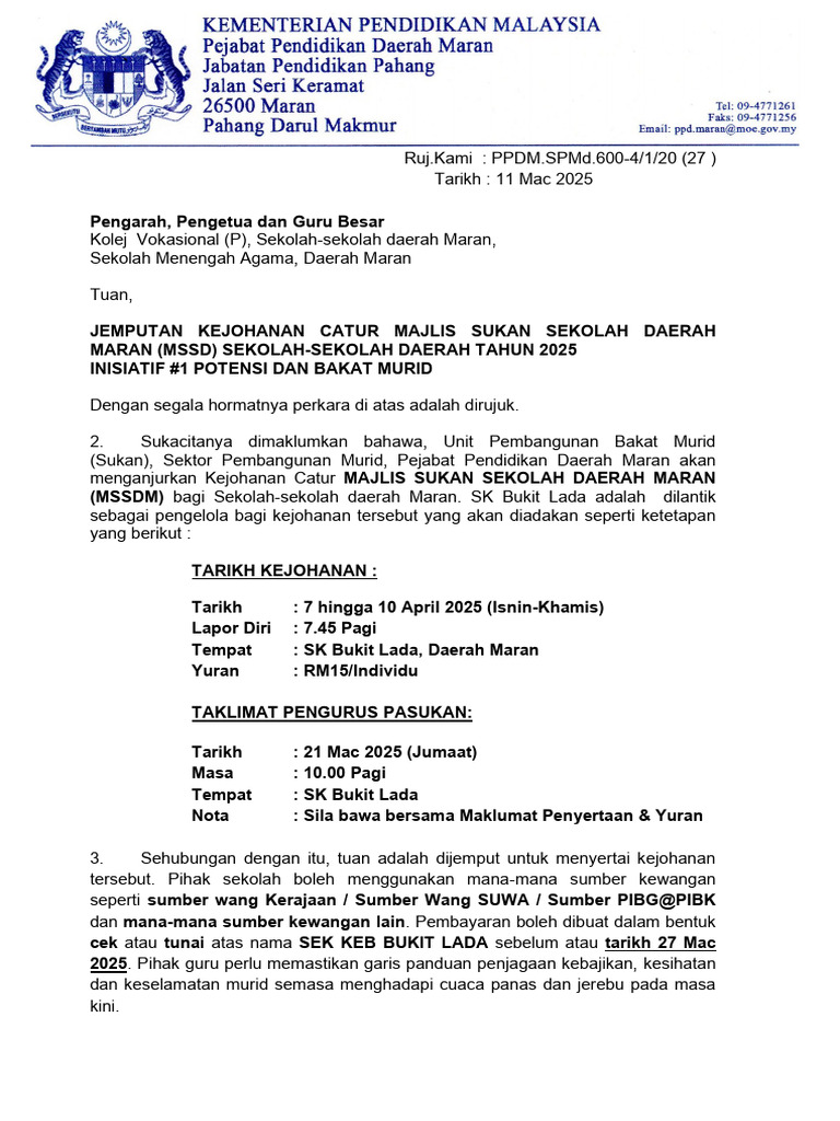 SURAT JEMPUTAN KEJOHANAN CATUR MSSD MARAN 2025 | PDF