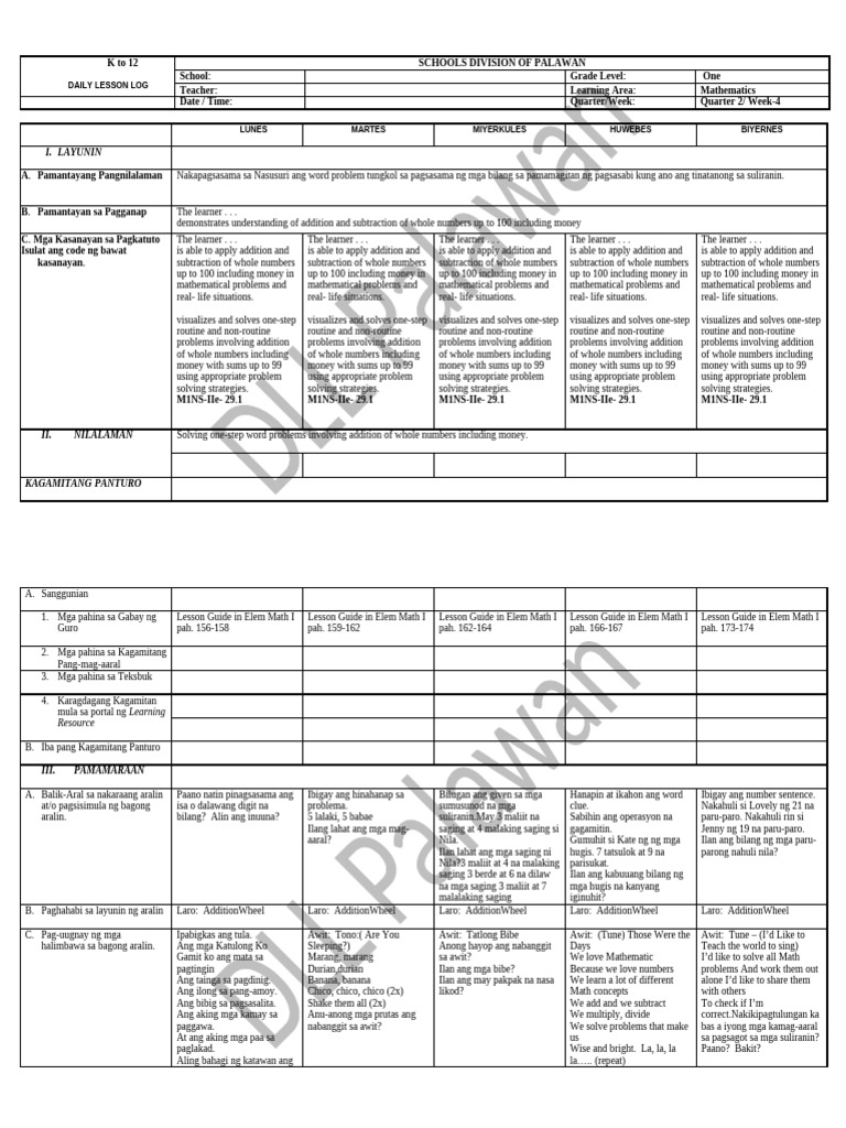 DLL Math Grade1 Quarter2 Week4 (Palawan Division) | PDF