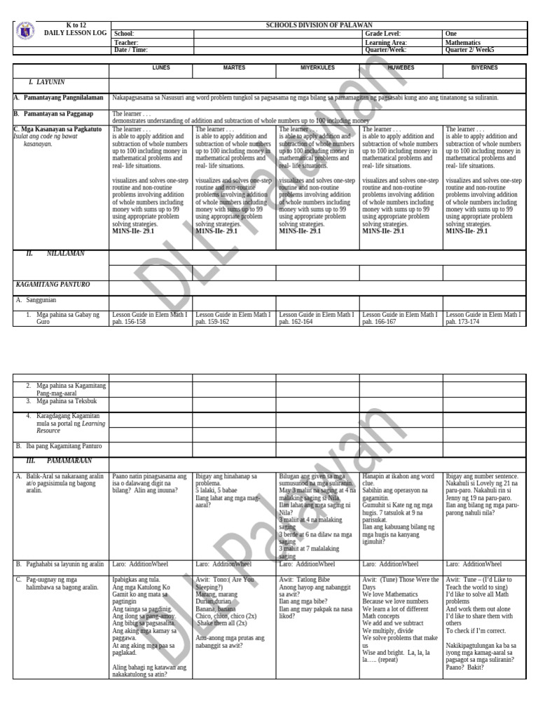 DLL Math Grade1 Quarter2 Week5 (Palawan Division) | PDF
