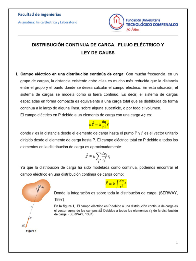 Guia 3 - Distribucion Continua de Carga y Ley de Gauss | PDF | Flujo | Campo eléctrico