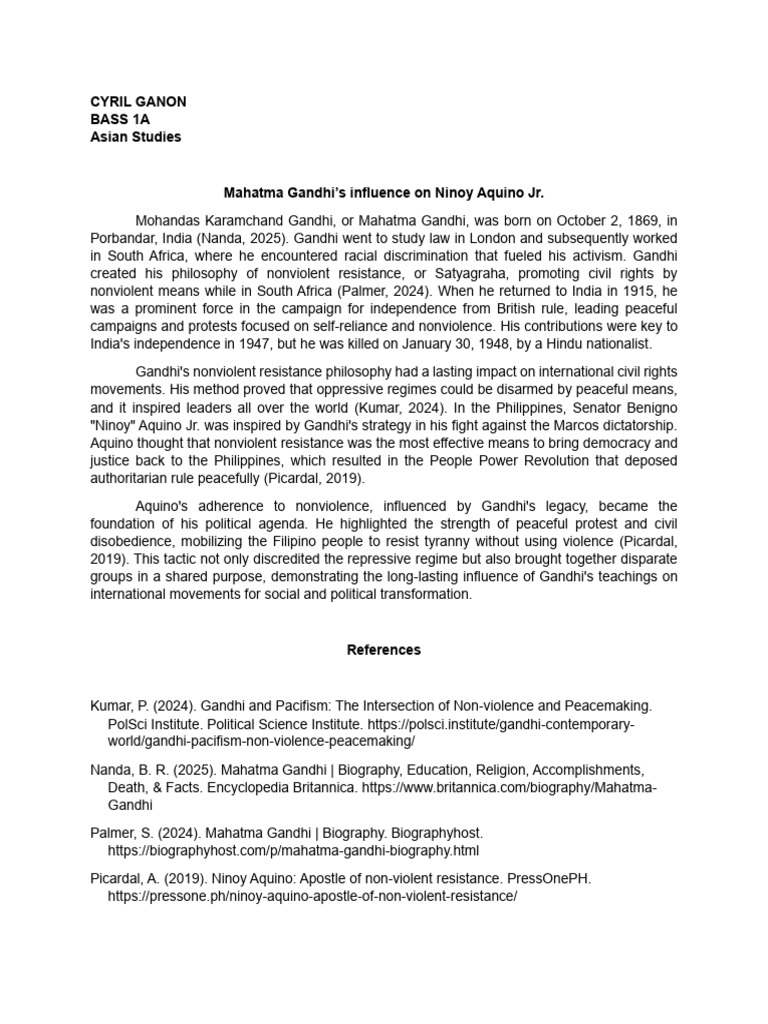 ASISTU Gandhi Influence On Aquino JR | PDF | Mahatma Gandhi | Nonviolence