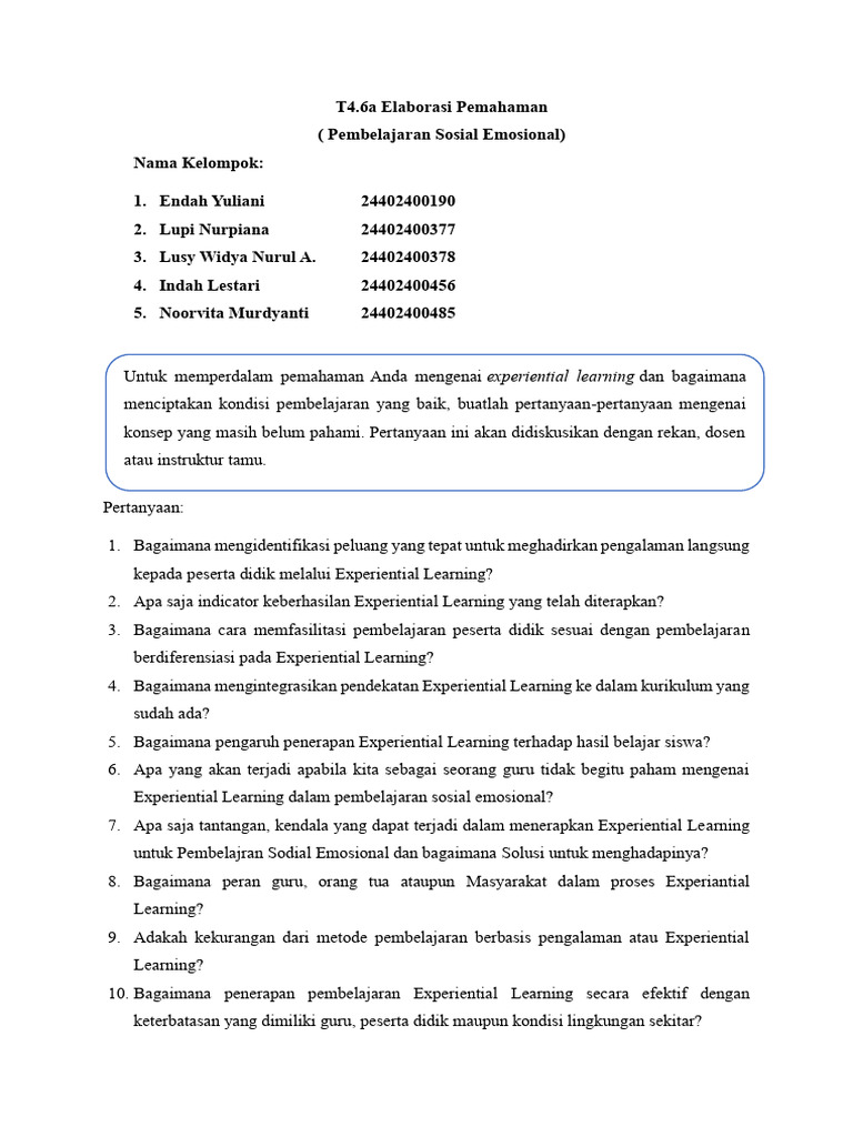 T4.6a Elaborasi Pemahaman - Pembelajaran Sosial Emosional - Noorvita Murdyanti - 24402400485 | PDF