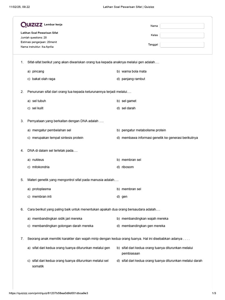 Latihan Soal Pewarisan Sifat _ Quizizz | PDF