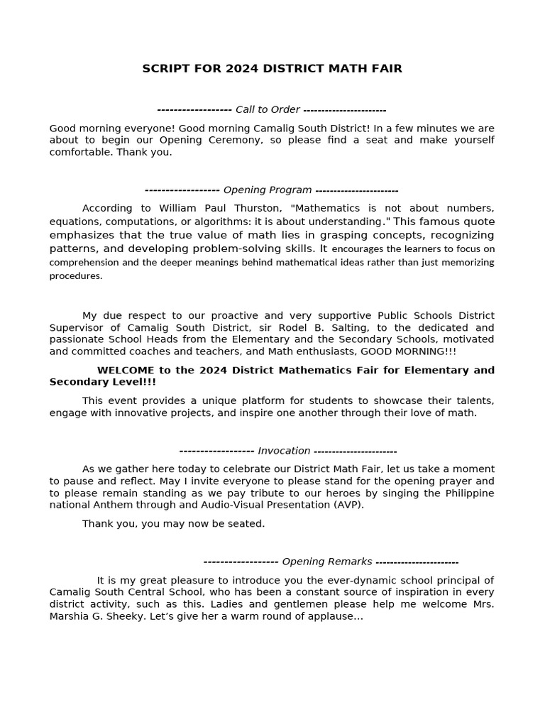 Script For 2024 District Math Fair 2024 | PDF | Mathematics