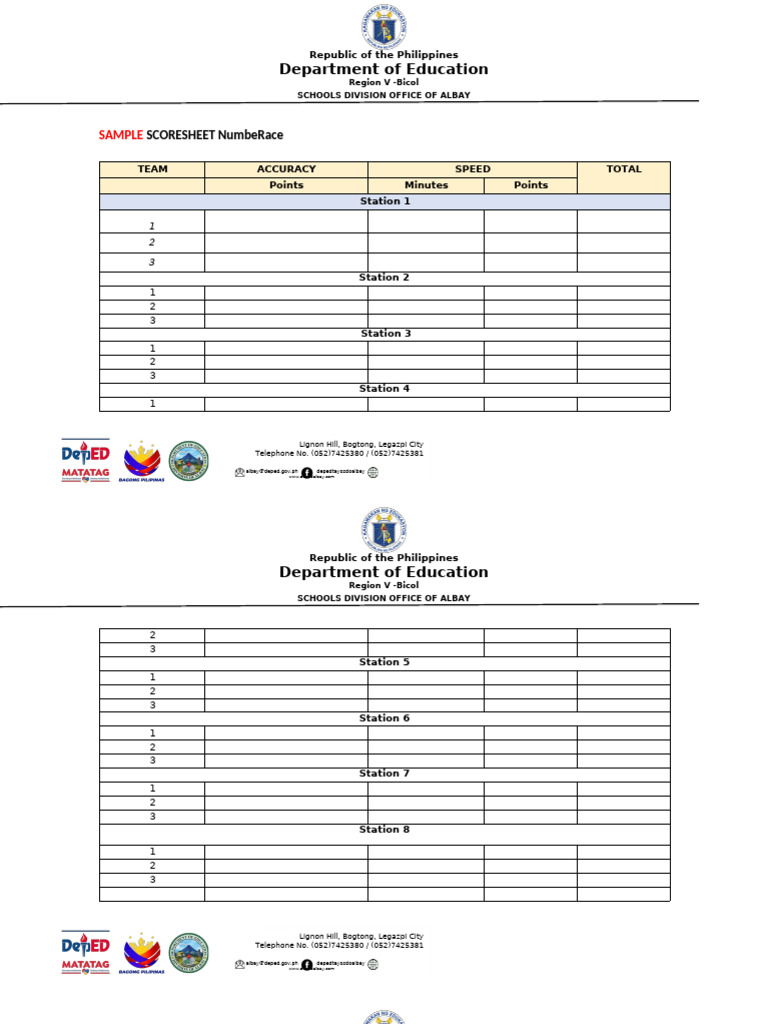 NumbeRace Sample Tabulation Sheet | PDF | Philippines