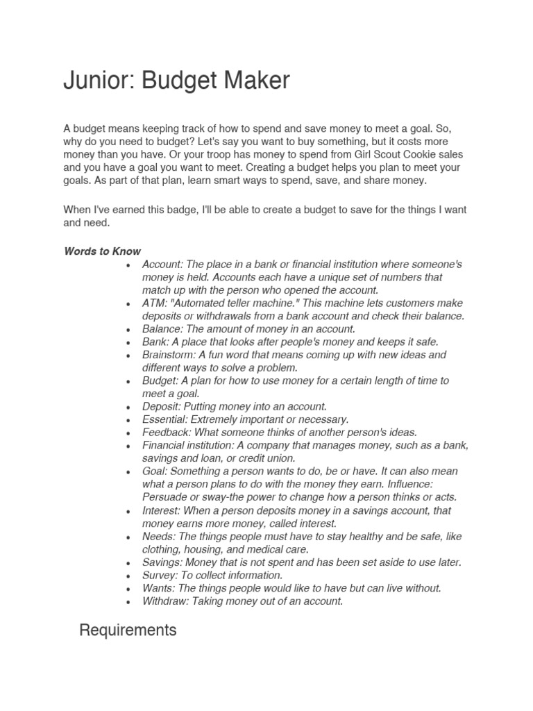 Junior Budget Maker Badge Guide | PDF | Banks | Money