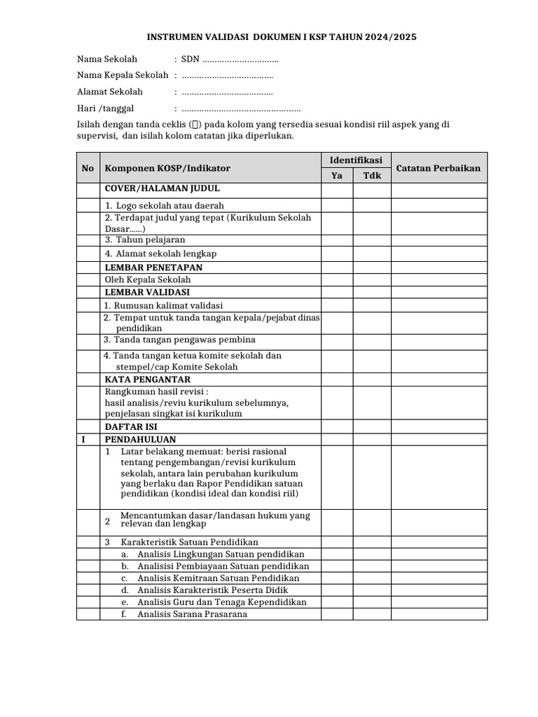 Instrumen Validasi Dokumen I KSP 2024-Noor | PDF