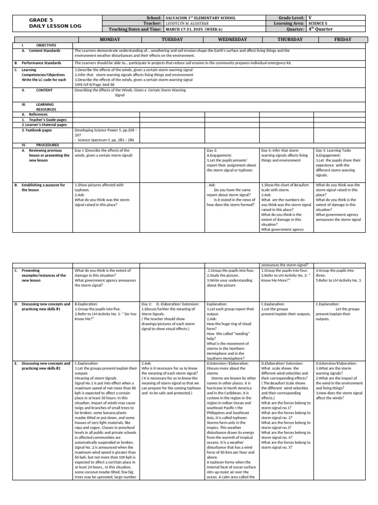Grade 5 DLL SCIENCE 5 Q4 Week 6 | PDF | Tropical Cyclones | Wound
