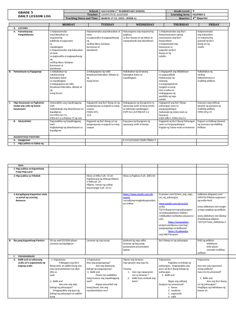 Grade 5 DLL FILIPINO 5 Q4 Week 6 | PDF