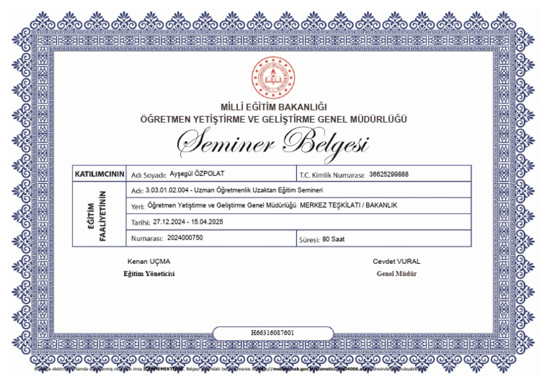 Uzman Öğretmenlik Uzaktan Eğitim Semineri Belgesi | PDF