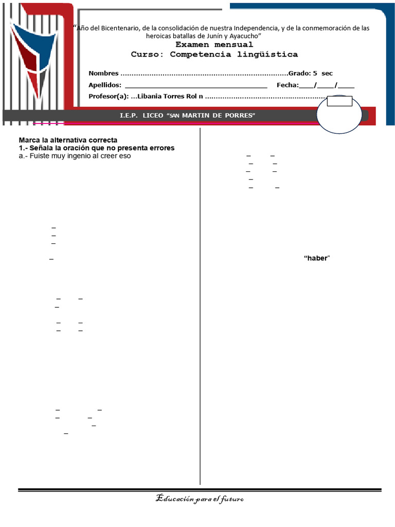 evaluación 5° C. L. agost. | PDF | Lingüística | Gramática