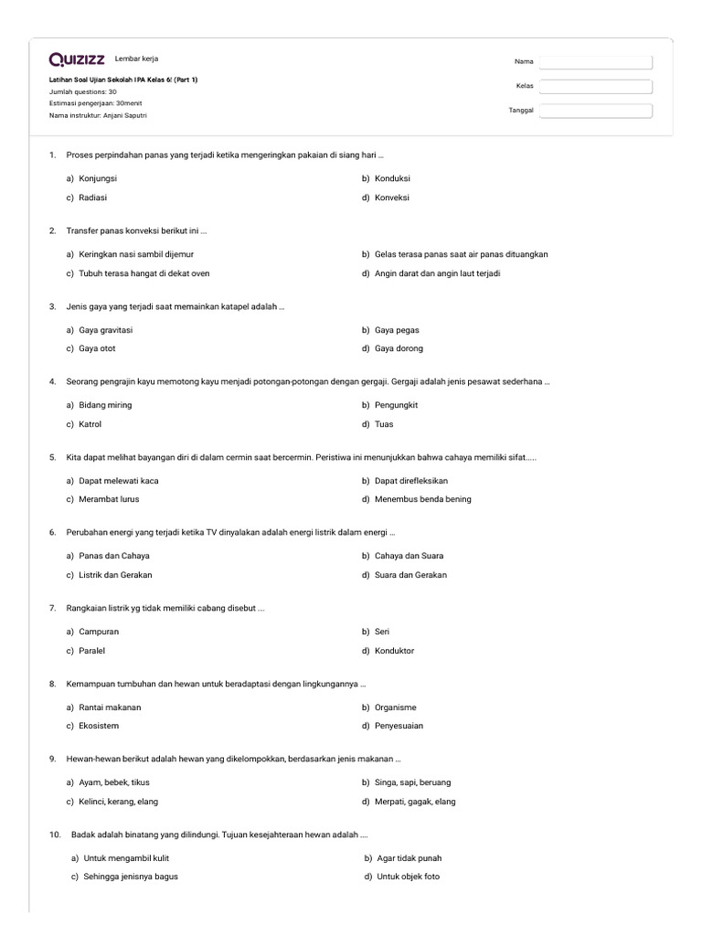 Latihan Soal Ujian Sekolah IPA Kelas 6! (Part 1) - Quizizz | PDF
