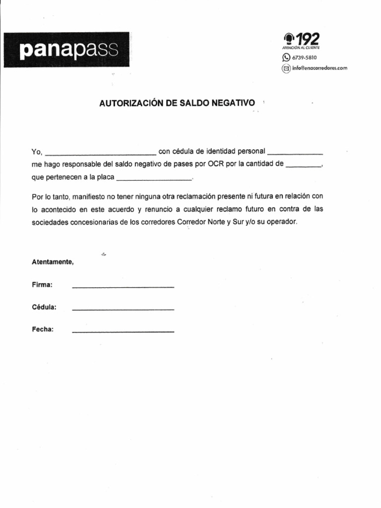 Autorización de Saldo Negativo Panapass | PDF