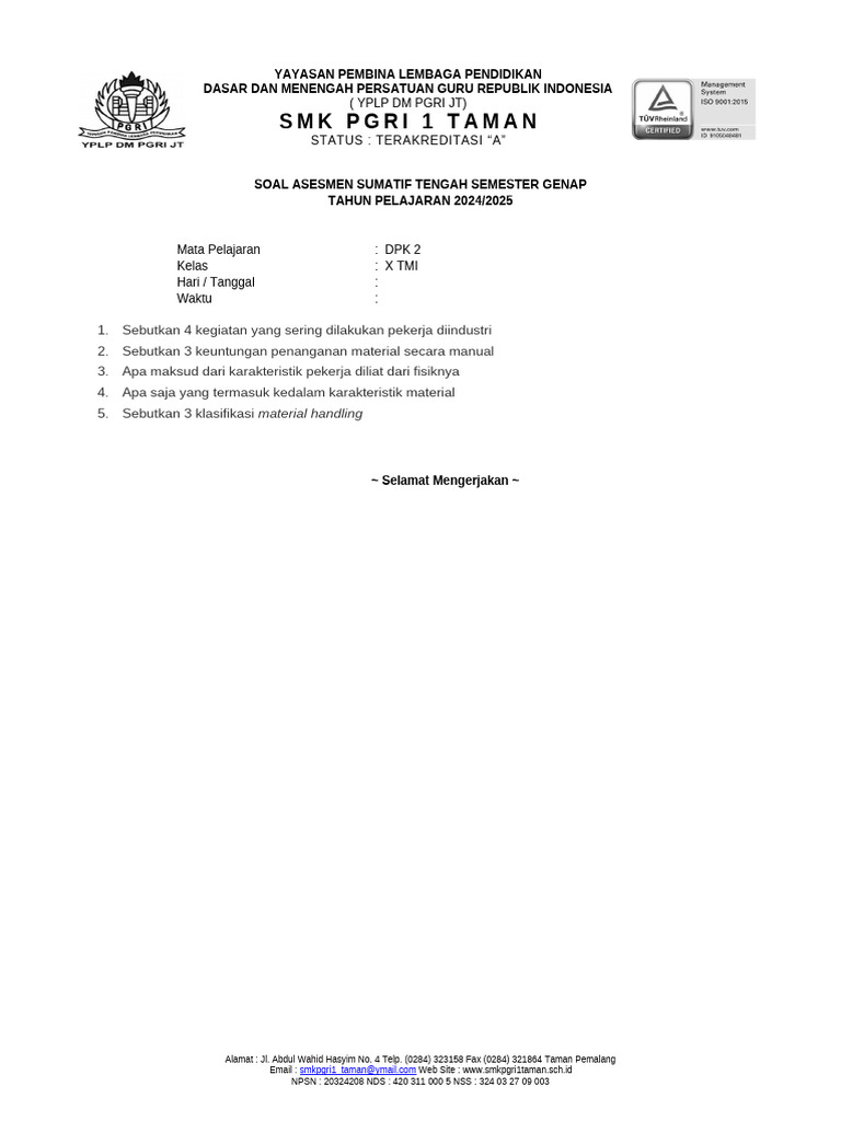 SOAL DPK 2 KELAS X TMI | PDF
