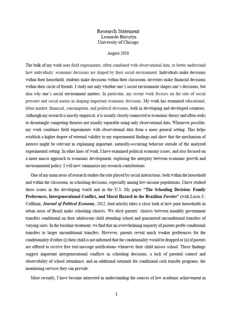 Bursztyn Research Statement | PDF | Experiment | Debt