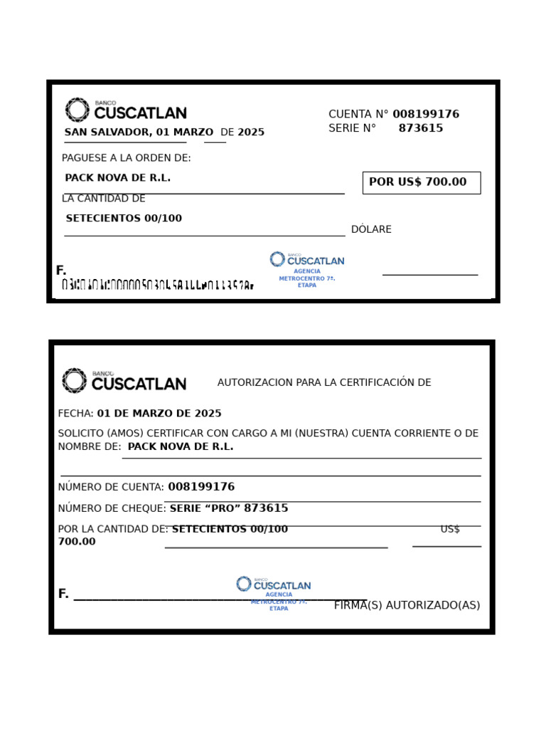 Certificación de Cheque Banco Cuscatlán | PDF